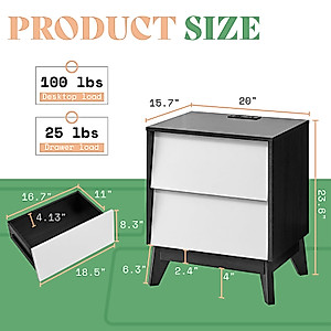 AMERLIFE Nightstands Set of 2, Mid-Century End Side Table with Beveled Drawers & Charging Station, Modern Storage Cabinet for Bedroom, Office, White & Black Walnut