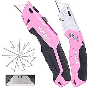 TOPLINE 2-Pack Pink Utility Knife Set, Retractable Pink Box Cutter and Pocket Folding Utility Knife, Blade Storage Design, 18-Piece SK5 Blades and a Dispenser Included