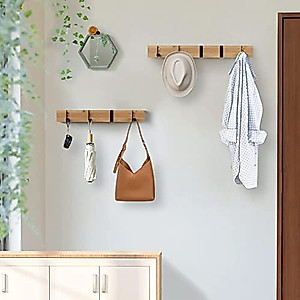 Uwchuan Coat Hooks Wall Mounted, Wooden Bamboo Wall Hooks with 4 Standard Retractable Hooks, Space-Saving Hat Key Hook Rack for Entryway, Hallway, Bathroom, Living Room, Bedroom (Wooden)