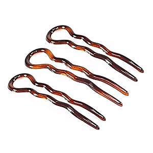 Parcelona French Sleek Brown Tortoise Shell Large 3 1/2" Celluloid Made in France Set of 3 Wavy Crink U Shaped Chignon Hair Pins Updo Bun Pin Sticks for Women and Girls