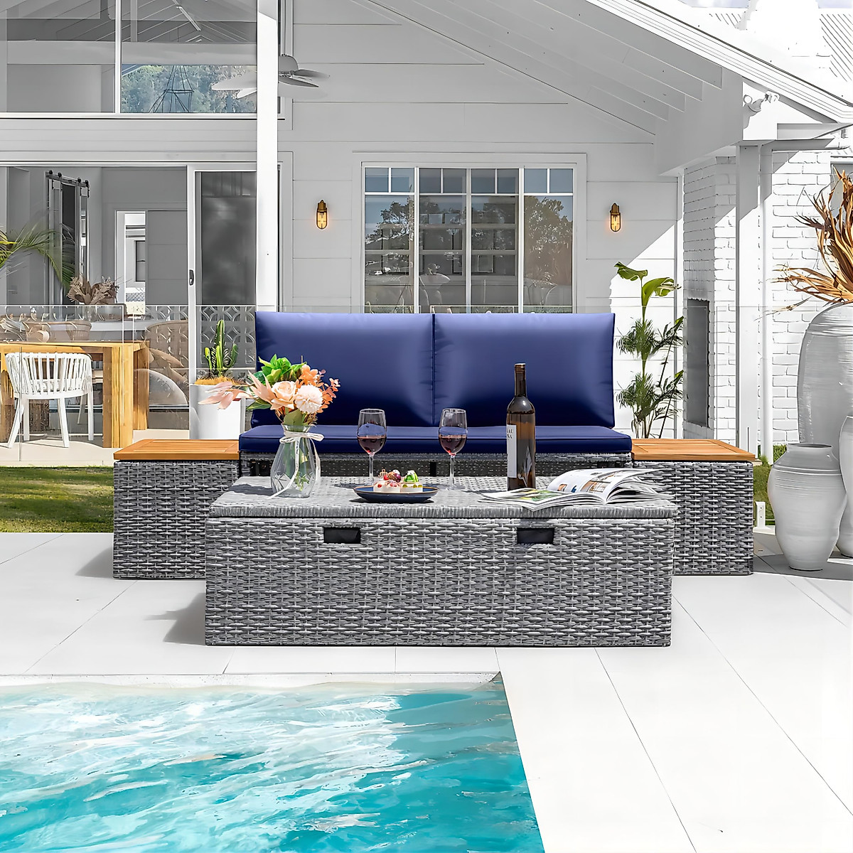 Greesum Outdoor Daybed Set Multifunctional Wicker Lounge Bed Furniture with Two Side Tables, Cushions, Storage Bench for Porch Lawn Patio Beach, Onesize, Blue