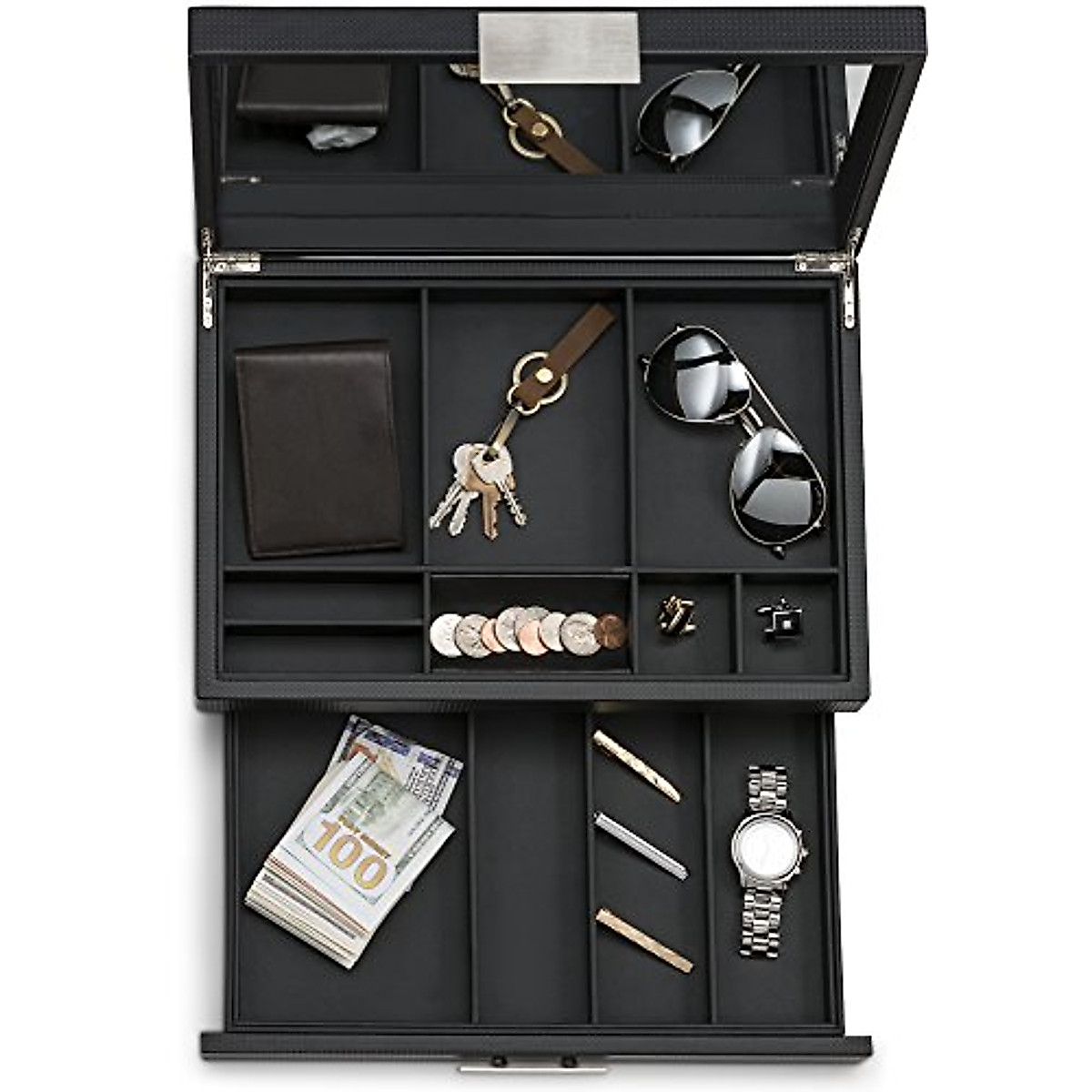 Glenor Co Mens Valet/Dresser Organizer - Luxury 12 Slot Jewelry Accessories Box, Carbon Fiber Design, Drawer Tray, Metal Buckle & Large Mirror for Men’s Watches, Sunglasses, Wallet… Pu Leather Black