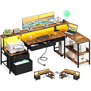 AODK L Shaped Desk with 5 File Drawers, 66" Reversible L Shaped Computer Desk with Power Outlet & LED Strip, Office Desk with Storage Shelves, Gaming Desk with Monitor Shelf, Corner Desk, Vintage