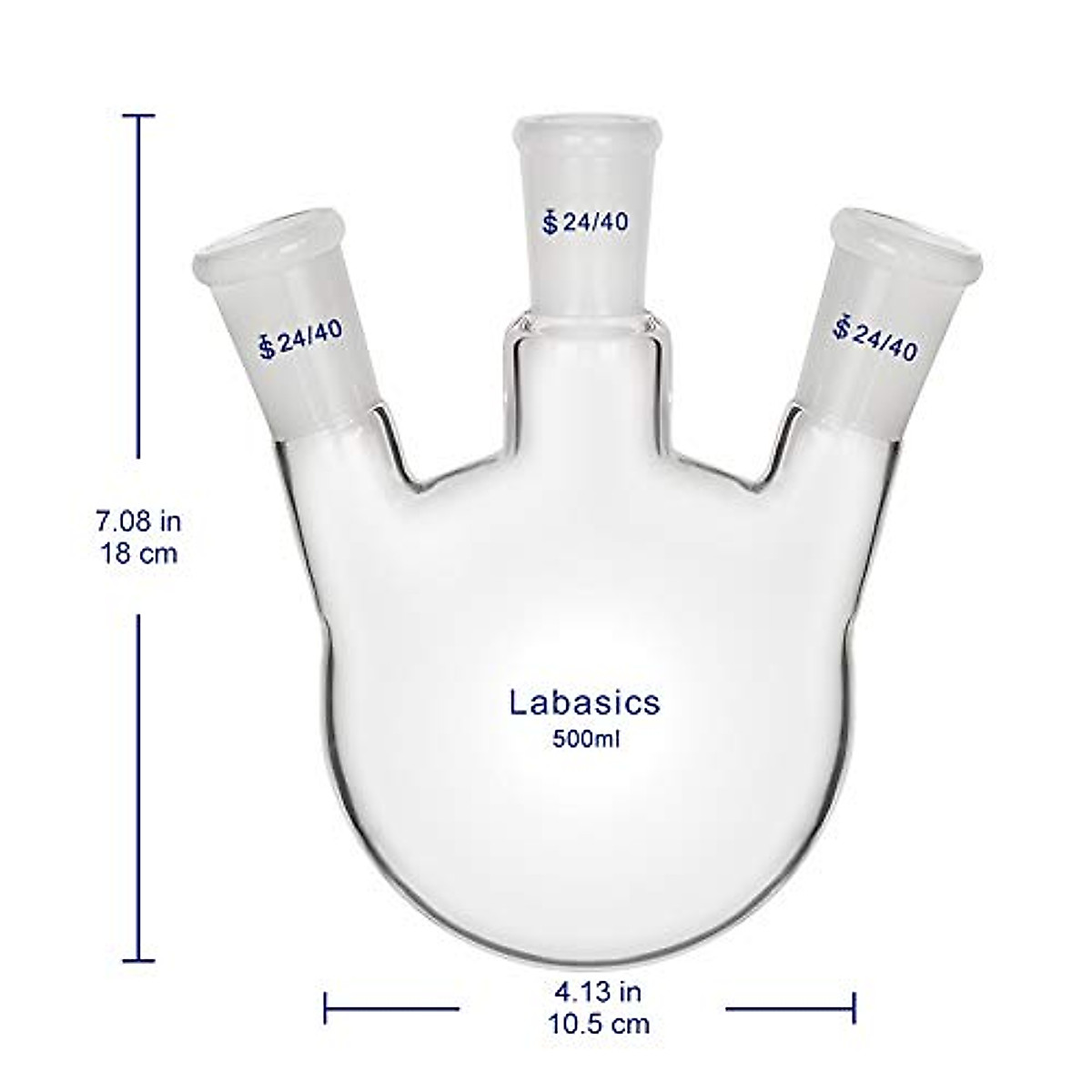 Labasics Glass 500ml 3 Neck Round Bottom Flask RBF, with 24/40 Center and Side Standard Taper Outer Joint, 500ml