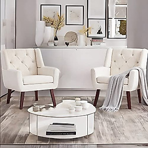 HUIMO Accent Chair Set of 2, Button-Tufted Chairs,Upholstered Reading Living Room Chair,Mid Century Modern Chair with Linen Fabric, Club Chair,Comfy Arm Chairs for Living Room,Bedroom,White