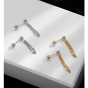 18G Double Layers Chain Bar Cartilage Stud Earrings S925 Sterling Silver Threader Tassel Tragus Helix Bar Earring Studs Lip Nose Ring Ear Piercing Jewelry Gifts for Women Girls (White Gold)