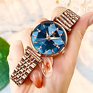 OLEVS Women Watch Fashion Rose Gold Diamond Analog Quartz Female Watch for Women Luxury Dress Ladies Stainless Steel Luminous Waterproof Date Wrist Watch Blue