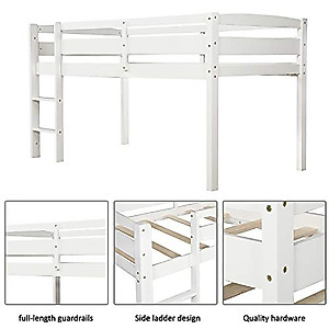 Merax LUMISOL Junior's Low Loft Bed for Kids, Twin Loft Bed with Guard Raill and Built-in Ladder, Bed Bedroom Furniture (White)