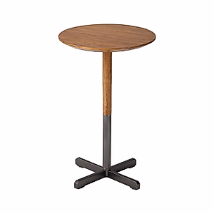 Small Pedestal End Table Modern Drink with Solid Fir Wood Top and Metal Base Light Walnut Dark Grey Brown Contemporary Round Distressed Painted Handmade
