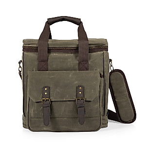 LEGACY - a Picnic Time Brand - Weekender Distressed Waxed Canvas 6 Bottle Insulated Wine Bag, Soft Cooler Wine Tote Bag, Wine Picnic Bag, (Khaki Green)