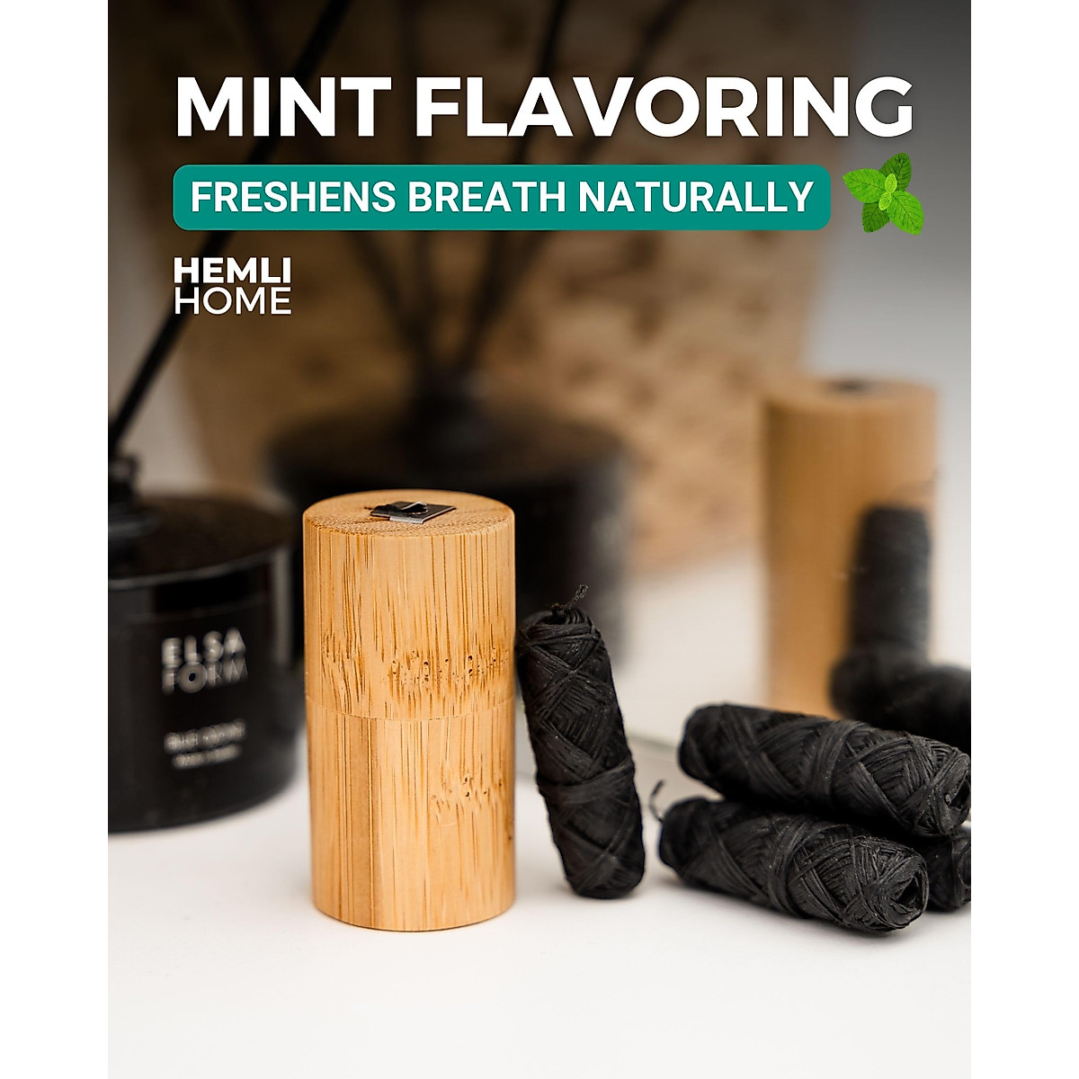 Vegan Bamboo Charcoal Dental Floss - 5-Pack - Refillable Bamboo Container - 5 x 33 Yards - Eco-Friendly Floss - Candelilla Wax Floss with Natural Mint Flavoring