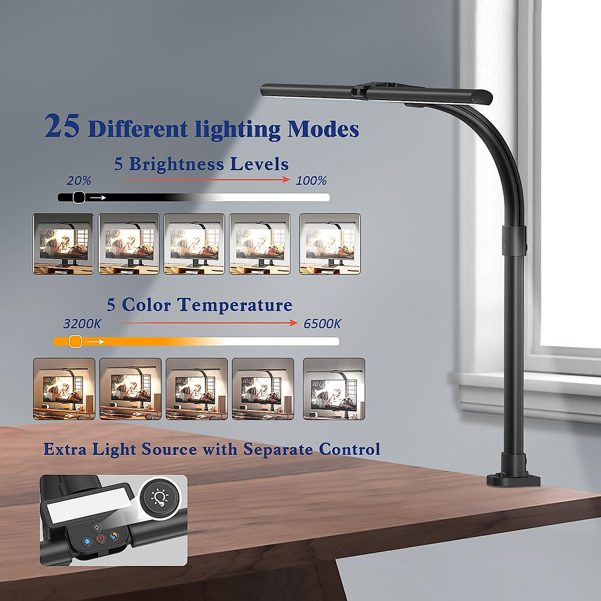 CJJFACA Desk Lamp for Home Office, 24W LED Desk Lamp with Clamp - 25 Lighting Modes Dimming Workbench Light with Flexible Gooseneck, Eye Protection Modern Desk Lamp for Reading Study Monitor Drafting