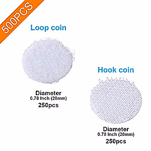 Self Adhesive Dots, 500Pcs(250 Pair Sets) 0.78 Inch / 20mm Diameter Hook and Loop Self Adhesive Dots Tape, Nylon Sticky Back Coins with High Viscocity Glue, Self Adhesive Hook and Loop Coin, White
