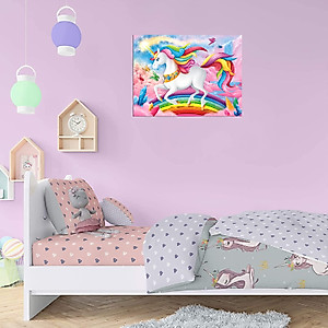 Unicorn Rainbow Wall Art Unicorn Decor for Girls Bedroom Pink Unicorn Painting for Kids Baby Nursery Cute Cartoon Unicorn Canvas Print Framed Artwork Birthday Gifts for Daughter Ready to Hang 16"x12"