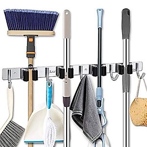 Favbal Broom Mop Holder Wall Mount Stainless Steel Wall Mounted Storage Organizer Heavy Duty Tools Hanger with 4 Racks 5 Hooks for Kitchen Bathroom Closet Garage Office Garden