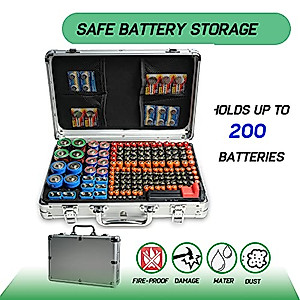 Deluxe Hard Aluminum 200 Battery Storage Organizer case with tester, Safe Fireproof Batteries container holder caddy box with handheld checker, hold 60 AA, 86 AAA, 8 C, 8 D, 8 9V Batteries(no battery)