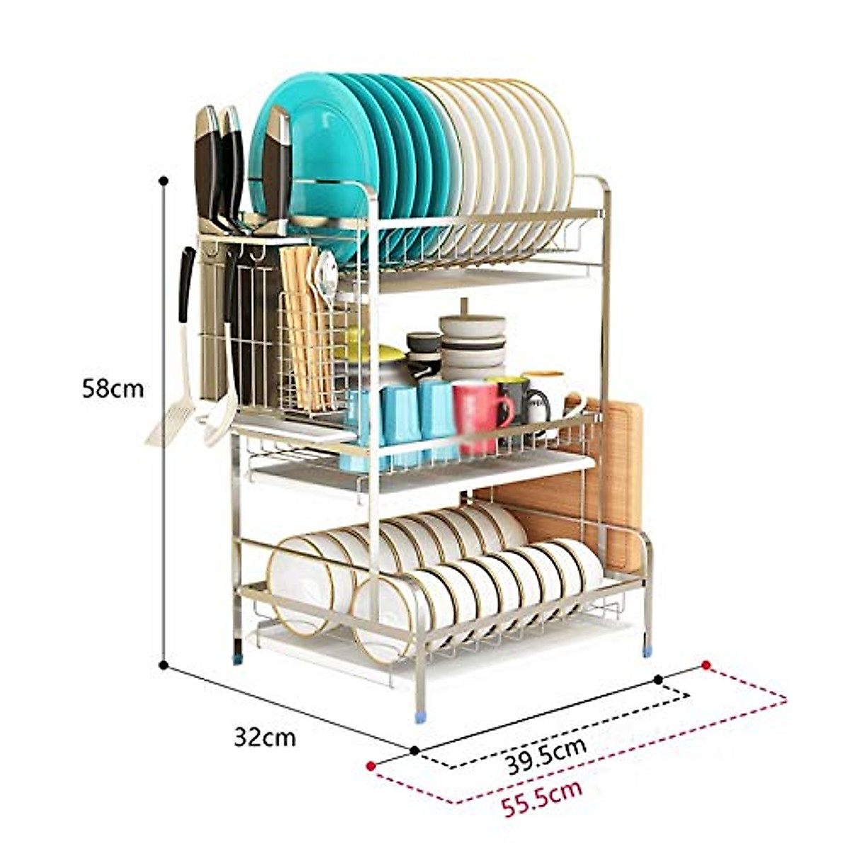 PDGJG 3 Layer Stainless Steel Cutlery Storage Shelf Dish Rack Kitchen Drain Storage Knife Chopping Board Holder Home Supplies