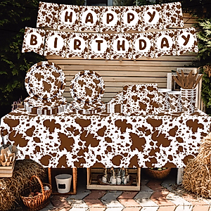 Highland Cow Decorations, 142Pcs Cow Print Plates and Napkins Party Supplies, Brown Cow Birthday Party Decorations Tableware Cups Tablecloth for Cow Baby Shower Farm Cowboy Theme Party