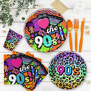 HIPVVILD 90's Party Decorations Tableware - 90s Theme Birthday Party Supplies Include Paper Plate, Cups, Napkins, Tablecloth, Cutlery, Straw, 90s Theme Birthday Party Decorations Dinnerware | Serve 24