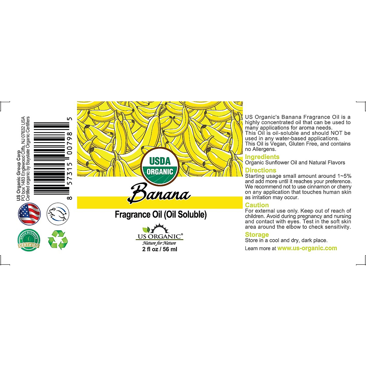 US Organic Banana Fragrance Oil_Oil Soluble_USDA Certified Organic_for Candle, Soap Making, Shampoo, Conditioner, Body Oil, Body Butter, Craft, DIY Projects, and Small Businesses_2 fl oz