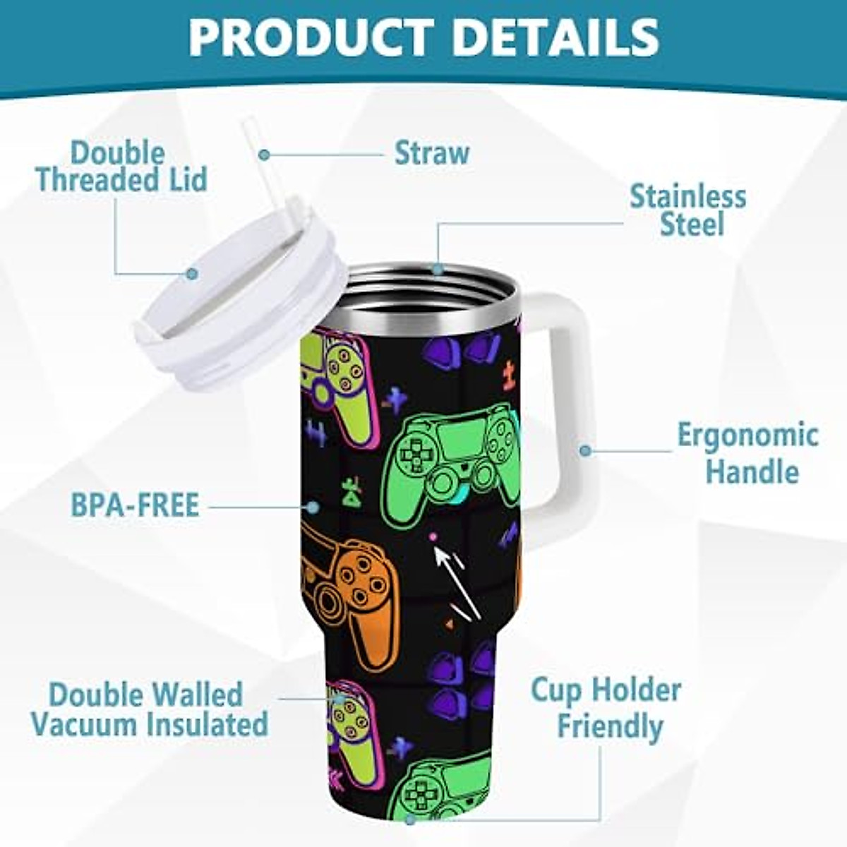 ODAWA 40oz Fall Insulated Tumbler with Straw and Handle, Game Controllers Black Spill Proof Tumbler with Straw Insulated Vacuum Tumbler