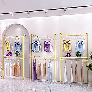 Ethemiable Clothing Store 2-Tier Square Tube Metal Display Stands, Entrance Porch Organization Hanging Garment Rack,Wall Mounted Storage Clothes Shoe Bag Pipe Shelf (47.2" L, Gold with Wood)