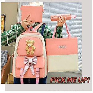 Lokkcy Kawaii Backpack 4Pcs Set with cute plush Pendants & Badge,Japanese School Bag and Backpack for Girls 10-12(Pink)