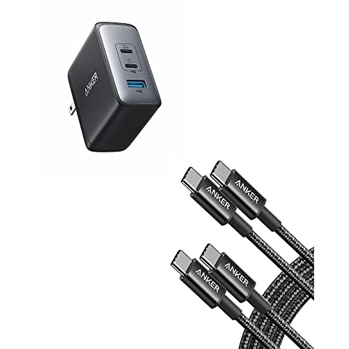 Anker 100W USB C Charger, 736 Charger (Nano II 100W), 3-Port Fast Compact Wall Charger, USB C Cable, Anker New Nylon USB C to USB C Cable (6ft 60W, 2-Pack, USB 2.0)