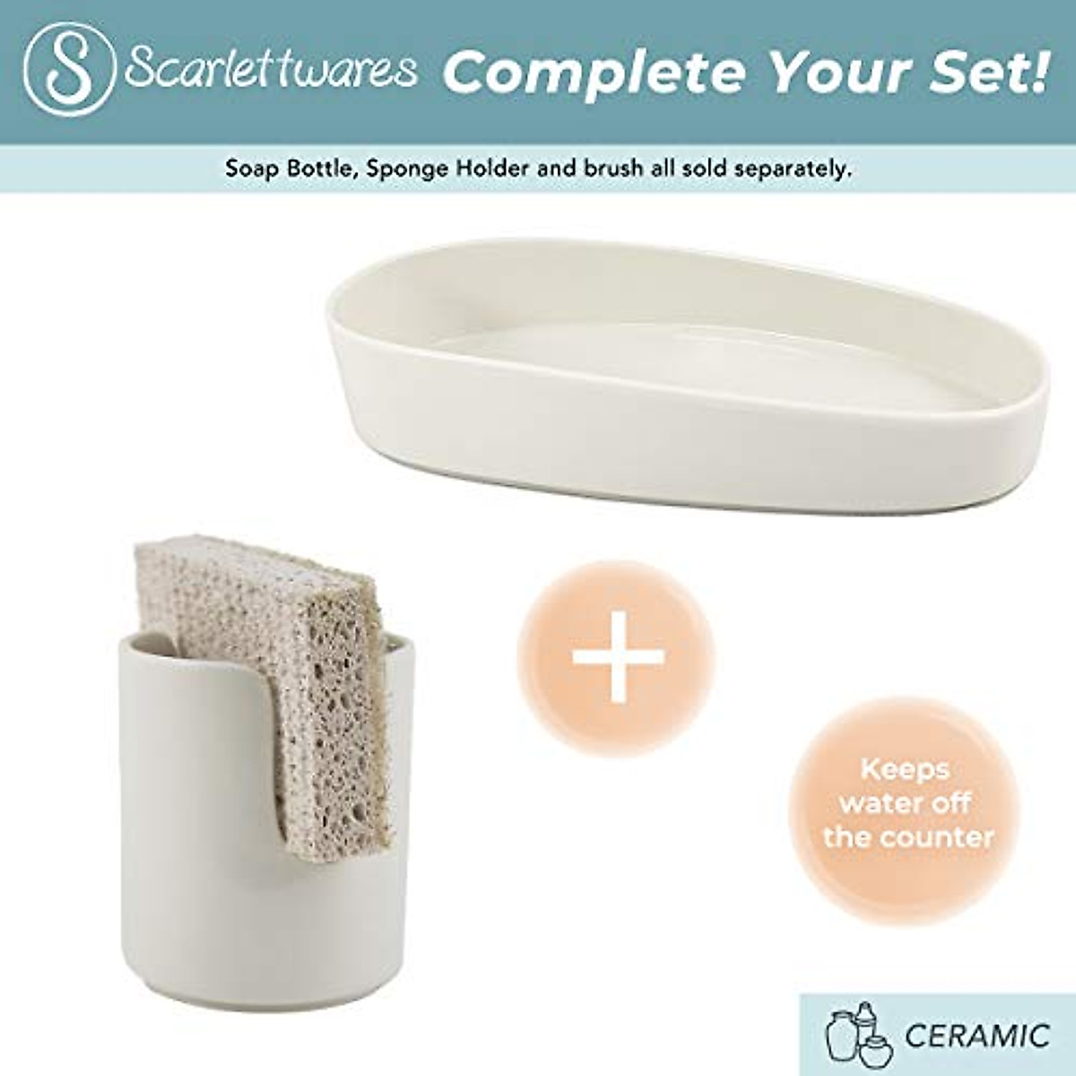 Scarlettwares Dish Sponge Holder Kitchen Sink Organizer Ceramic White Dishwasher Safe Modern Rustic Farmhouse Elegant Cute Sturdy No Rust
