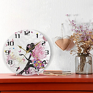 African Black Girl Floral Flower Wall Clock, Garden Butterfly Silent Non Ticking Round Clock for Home Kitchen Bedroom Desktop Stand Bathroom Living Room Decor Office Classroom Clock Art 9.5 Inch