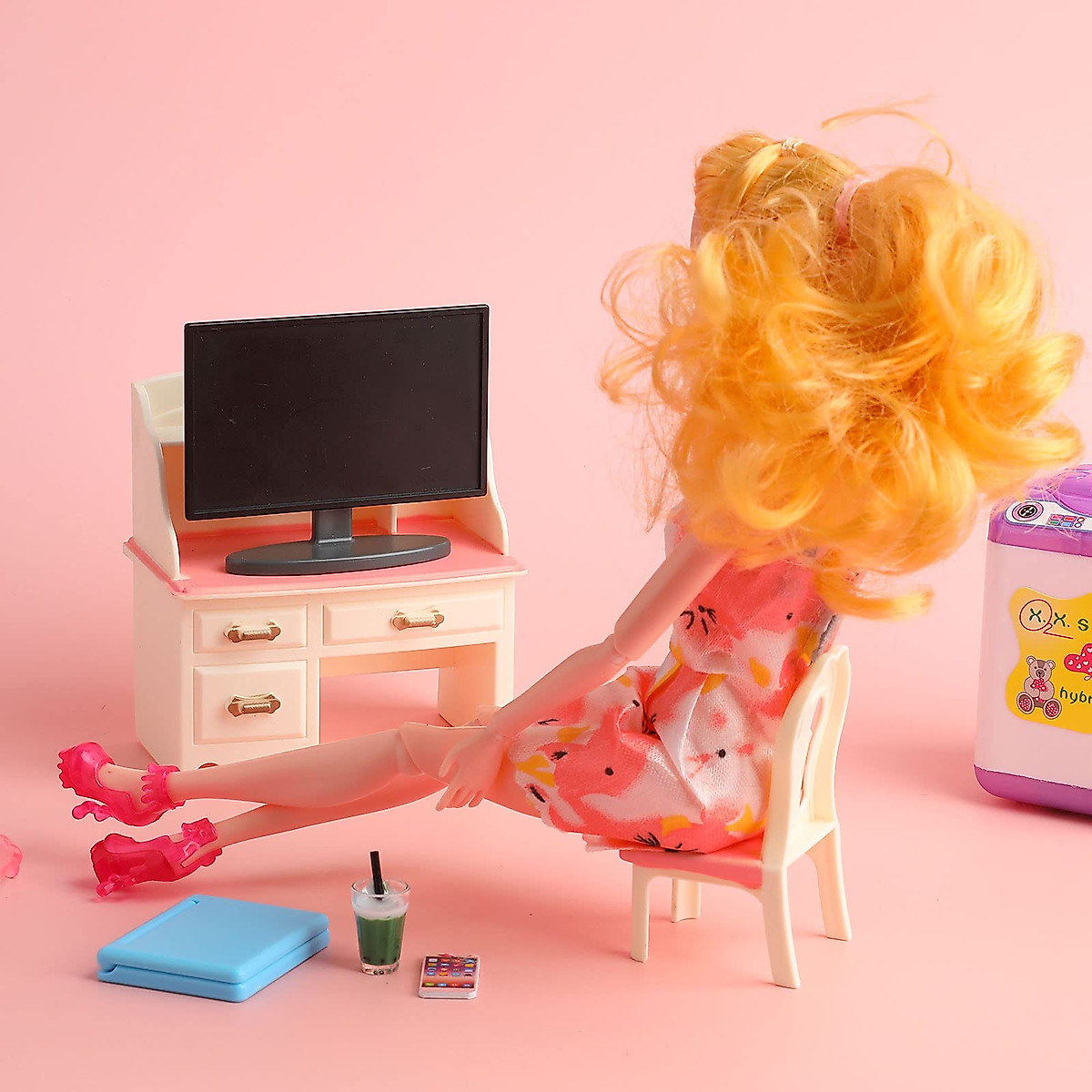 2 Pieces Doll House TV Miniature Dollhouse Accessories Small TV Cabinet Dollhouse Miniature Furniture 1:12 Scale Furniture Decoration Accessories for Kids