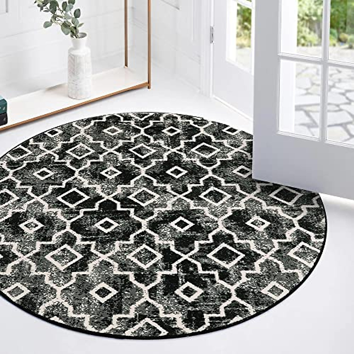 Wonnitar Moroccan Washable Round Rug 5ft Large Black Bedroom Circle Rug Non-Slip Dining Room Table Area Rug Contemporary Entryway Floor Carpet for Living Room Office Entryway (Black,5ft Round)
