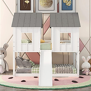 MERITLINE Twin Over Twin Bunk Beds with Slide, House Bunk Bed for Kids with Roof and Windows,Wood Floor Bunk Beds with Guard Rails, Toddlers Bunk Beds for Girls Boys (White)