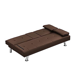 Eafurn Convertible Futon Bed with 2 Cup Holders, Modern Split-Back Folding Loveseat Sleeper w/Adjustable Backrest,Small Sofa & Couches Sofabed, Brown PU
