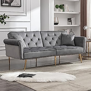 civama Futon Sofa Bed, Velvet 76" Twin Size Couch with 2 Pillows, Convertible 3-Seater 3 Adjustable Angle Tufted Sleeper with Nailhead Trim, Golden Metal Legs Folding Futon for Living Space, Gray