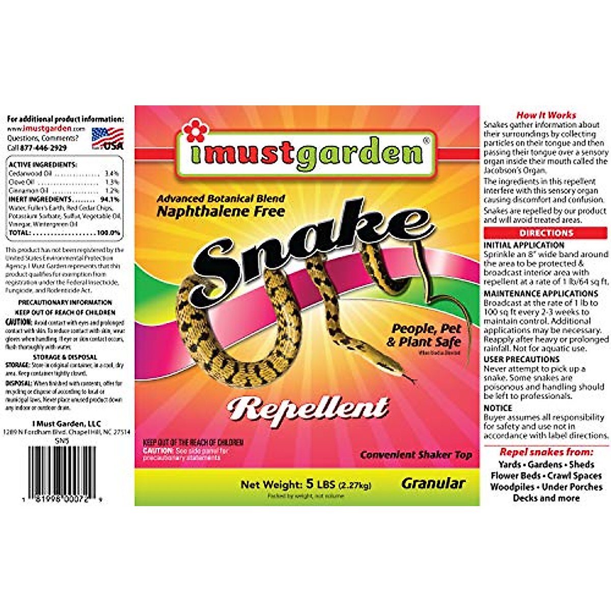 I Must Garden Snake Repellent: Powerful All-Natural Protection – 5 lb. Granular Shaker Jar