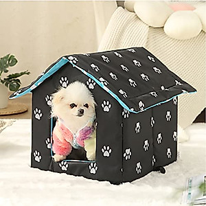 Cat Houses for Outdoor Cats, Feral Cats Dogs House, Weatherproof Warm and Insulated Cat House with Transparent Curtain Pet House, Stray Cats Shelter (Black, Medium-Houses)