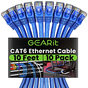 GearIT Cat 6 Ethernet Cable (10-Pack 10 Feet) Cat6 Network Patch, 10Gbps, RJ45, Snagless Cord, Gold-Plated Connectors, Internet for PC, TV, Tablet, Router, Printer, Servers, IT Data Center - Blue