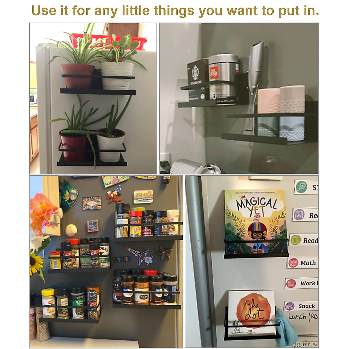 Derkniel 2 Pack Magnetic Spice Rack Organizer for Refrigerator, Magnet Fridge Spice Shelf with Strong Magnet Back for Holding Seasoning, Jars, Bottles, Cans, Beverages (Black)