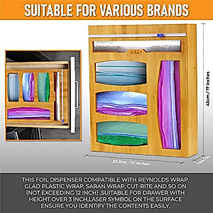 Ziplock Bag Organizer, Oil and Plastic wrap Organizer 5 in 1 Bamboo foil Dispenser with Cutter and Labels for Kitchen Drawers or Wall Mounted