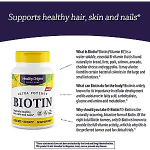 Healthy Origins Ultra-Potency Biotin (B7), 10,000 mcg - Supports Skin, Hair & Nails - High-Grade Vitamin B7 - Non-GMO, Gluten-Free Biotin for Vegans - 60 Veggie Capsules