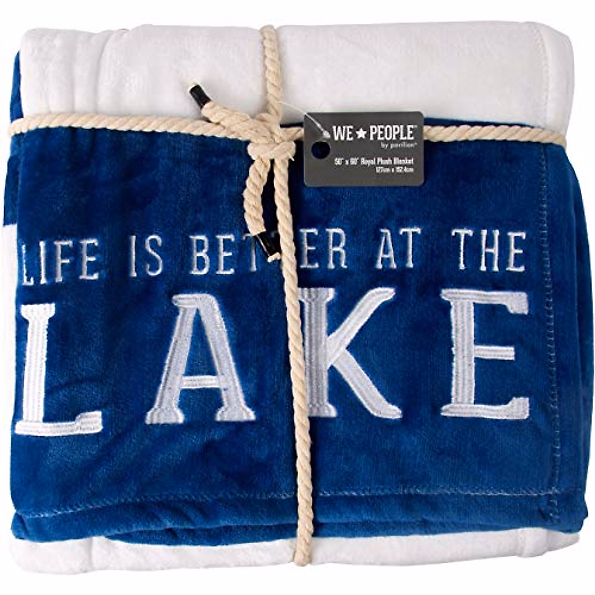 Pavilion Gift Company Life is Better at The Lake-Blue & White Super Soft 50 x 60 Inch Striped Throw Embroidered Text 50" x 60" Royal Plush Blanket, Blue