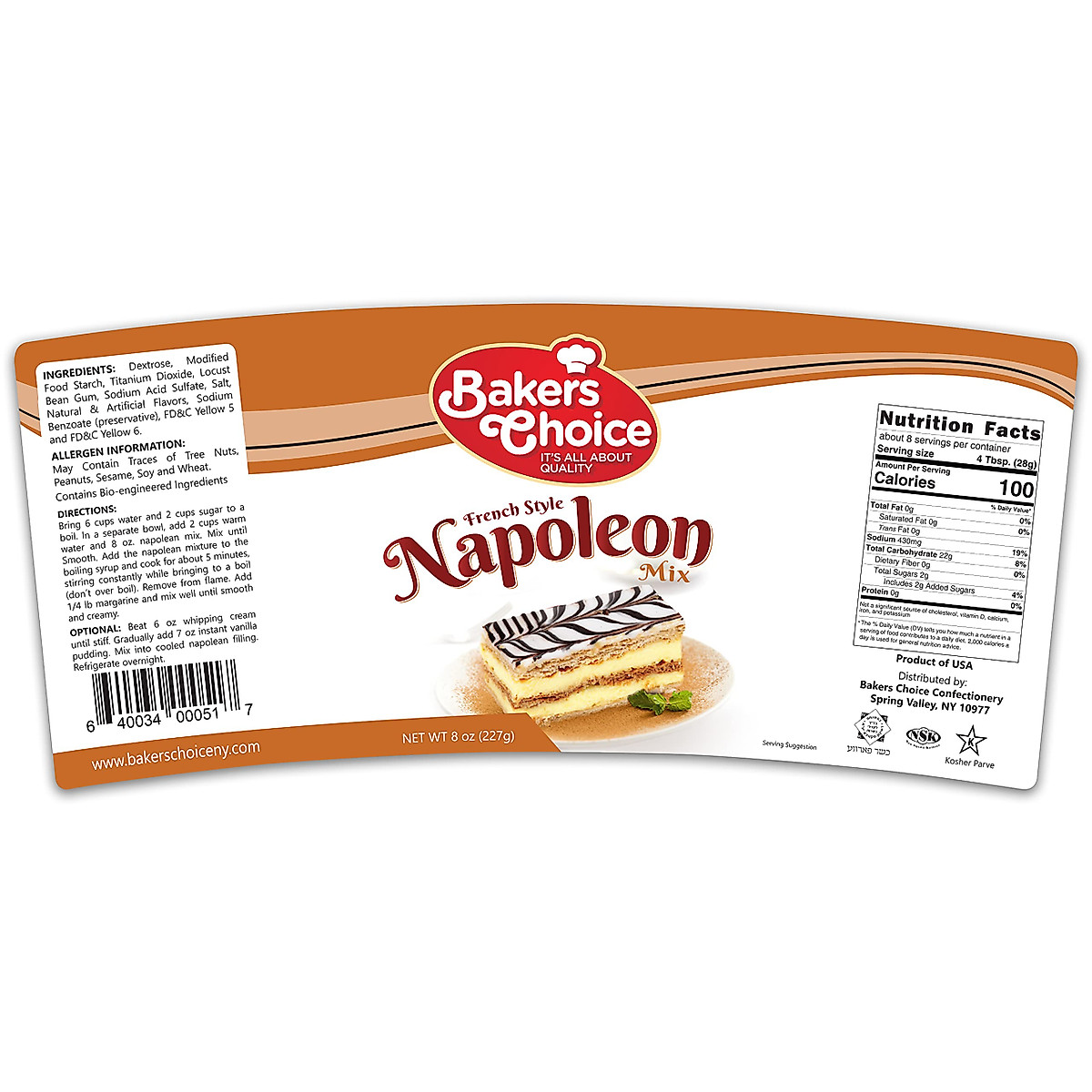 French Vanilla Pudding Mix - French Napoleon Custard Powder - Make Custard Creams For French Napoleon Cake, Custard Cups, Mousse Cake, and Desserts - Dairy Free, Kosher - 8 oz. - By Baker’s Choice