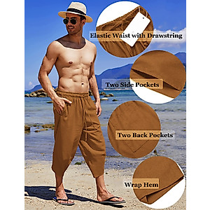 COOFANDY Men's Baggy Capri Trousers Casual Drawstring Vacation Hippie Summer Beach Linen Pants Lightweight Loose Yoga Pants Brown