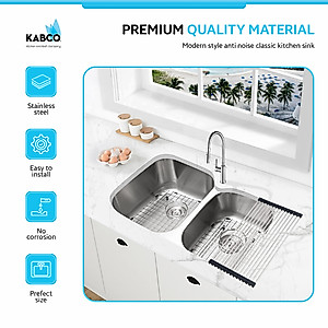KABCO 32 Inch Big Double Unequal Bowl Stainless Steel Classic Kitchen Sink, Rust Resistant, Sound and Heat Proof 18 Gauge Undermount Sink with Sink Strainers, Sink Grids and rolling up grid