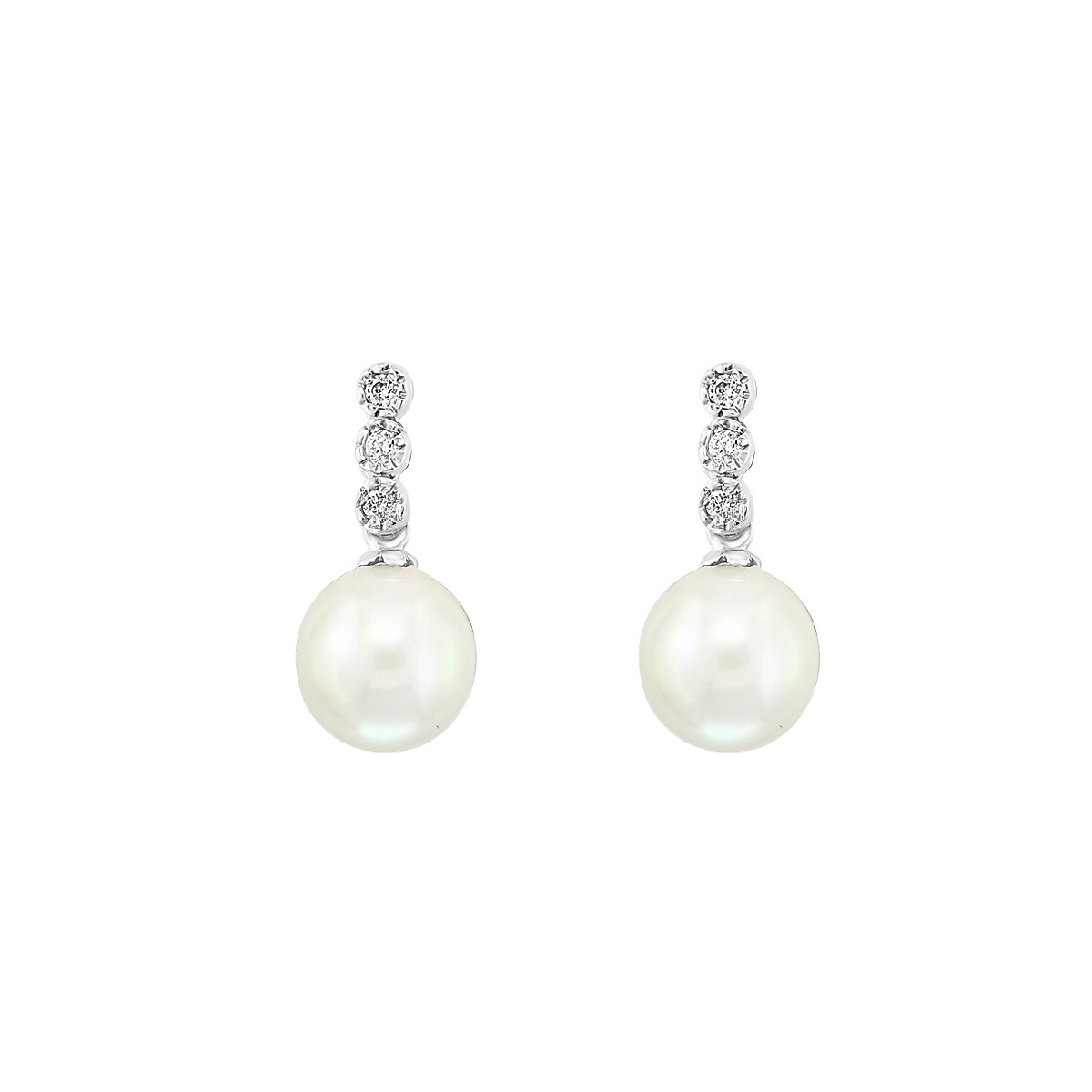 14K White Gold 0.09ctw Diamond & 8mm-8.5mm AAAA Round White Freshwater Cultured Pearl Stacked Bezels Drop Stud Earrings (G-H Color, SI2-I1 Clarity)