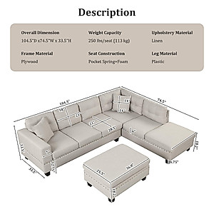 Yoglad Living Room Furniture Set, Sectional 5-Seater Sofa with Reversible Chaise, Corner Sofa Set with Ottoman, L Shaped Couch for Apartment, Living Room (104.5 Inch Linen, Light Gray)
