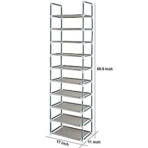 FORUP 10 Tiers Stackable Shoe Rack, Adjustable Shoe Storage Organizer Shelf, Non-Woven Fabric Shoe Tower Shelf (Grey)