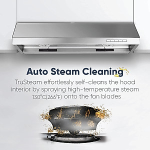 Pacific Trusteam Range Hood, 30''/36'' under cabinet, high-temperatur auto steam cleaning, Max 900CFM, LED light, responsive touch control, stainless steel housing (30'')