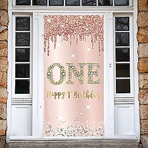 Happy 1st Birthday Door Banner Decorations for Baby Girls, Pink Rose Gold First Birthday Party Door Cover Backdrop Supplies, One Year Old Birthday Poster Sign Photo Booth Props Decor